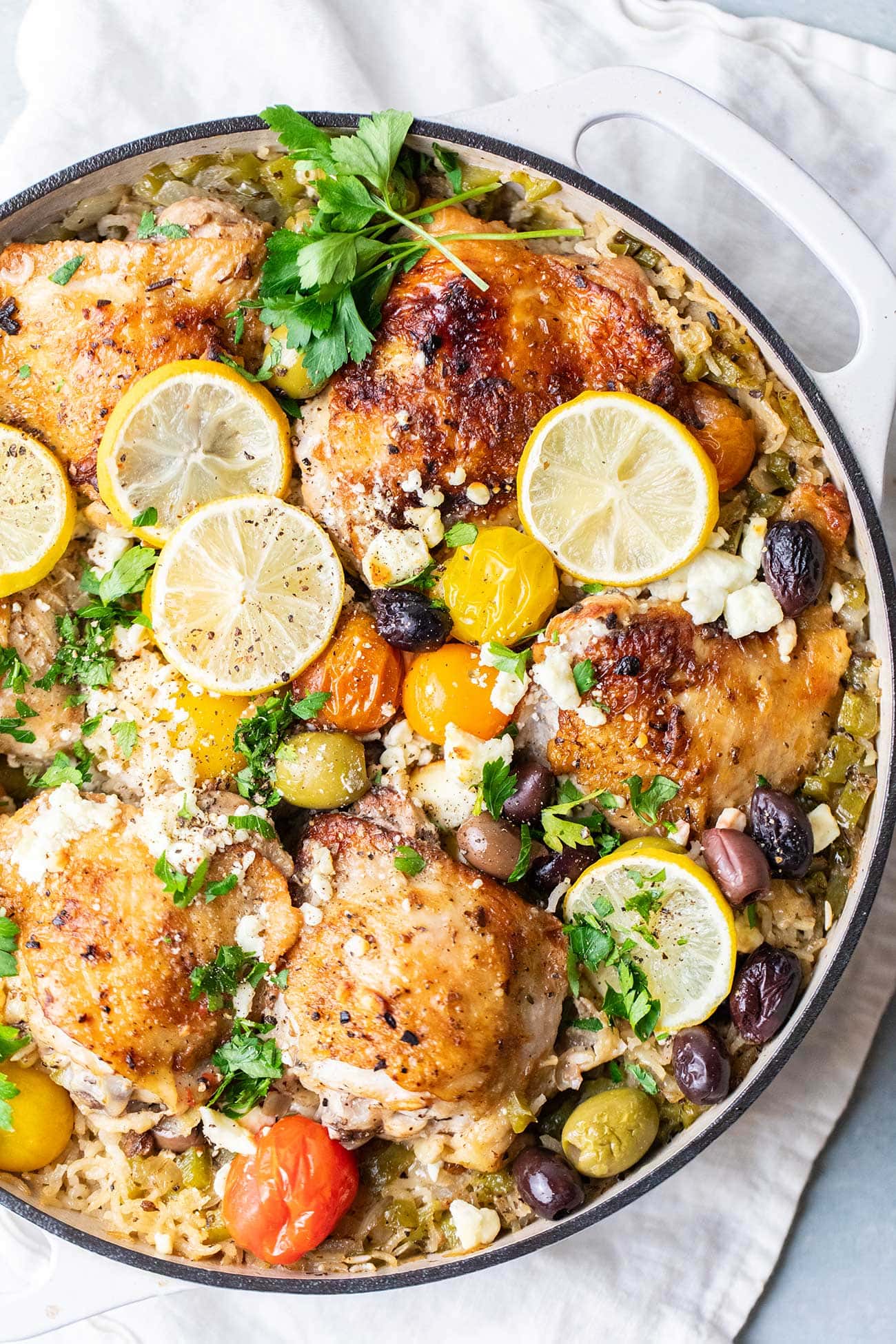 One Pan Greek Chicken and Rice (with Feta & Lemon) - Sunkissed Kitchen